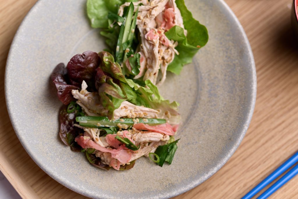 Tori No Gomae (Chicken Cups with Sesame Dressing) and Yaki Onigiri ...